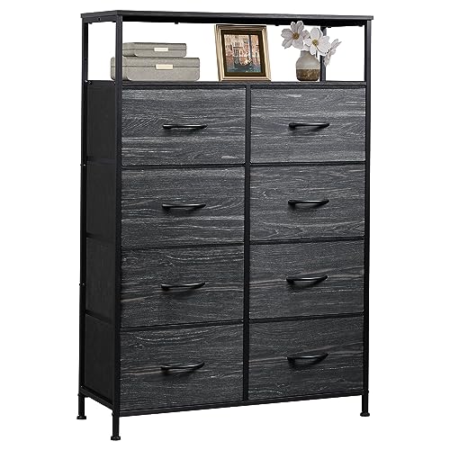 WLIVE Fabric Dresser for Bedroom, Storage Drawer Unit,Dresser with 8 Deep Drawers for Office, College Dorm, Charcoal Black Wood Grain Print