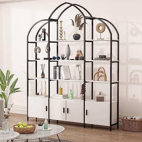 semoic Triple Wide 5-Tier Bookshelf, Extra Arched Bookcase with Storage Cabinet, Modern Etagere Bookcase Tall Open Display Shelf for Home Office