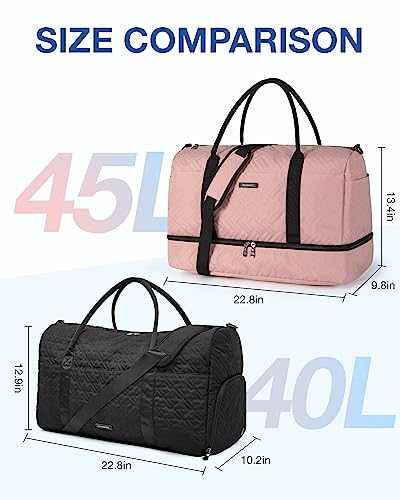 Travel Duffle Bag, BAGSMART 45L Large Carry On Bag Weekender Overnight Bag for Men Women with Shoes Compartment & Wet Pocket, Pink