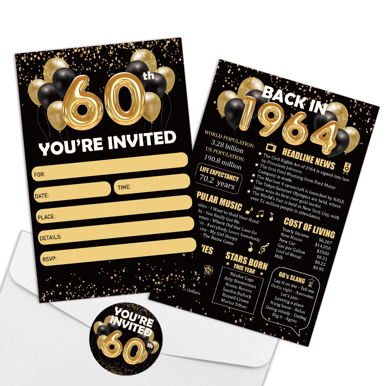 REWIDPARTY Black Gold 60th Birthday Invitations with Envelopes & Stickers(Set of 15) Back in 1964 Fill in Invitations Happy 60th Birthday Invite Cards 60 Years Old Birthday Party Supplies for Adults