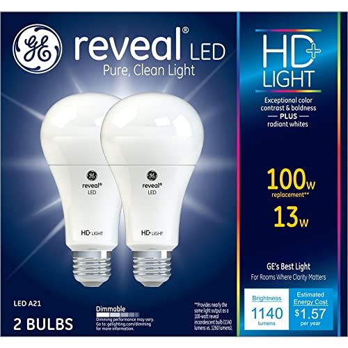 GE Reveal LED Light Bulbs, 100 Watt Eqv, HD+ Light, A19 Standard Bulbs (2 Pack)