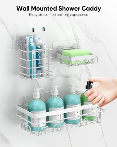 POKIPO Shower Caddy 5 Pack, Adhesive Shower Organizer with Soap Dishes & Toothbrush Holder & 20 Hooks, Large Rustproof Stainless Steel Bathroom Shower Shelf for Inside Shower Storage Decor, White