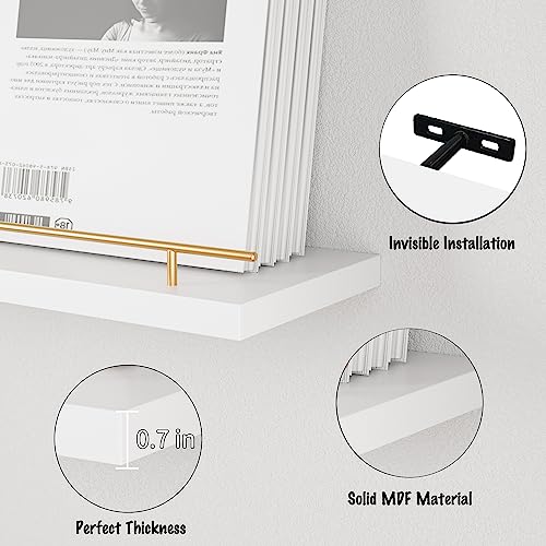 Senjie Floating Shelves for Wall,Bathroom Shelf Set of 3,Wall Shelves for Bedroom,Kitchen,Living Room,Invisible Brackets,White and Gold