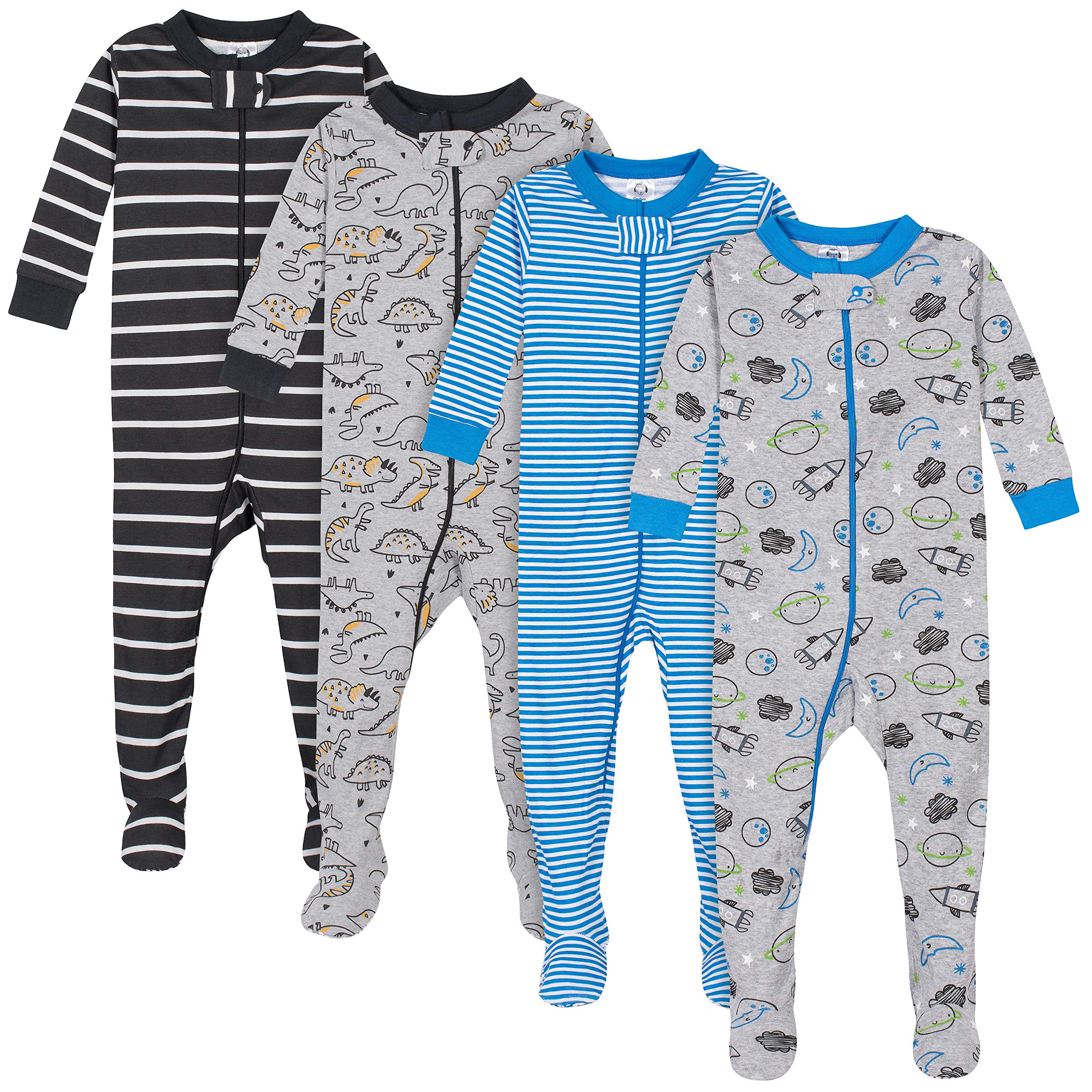 Gerber Baby Boys' 4-Pack Footed Pajamas, Dinosaurs Space Grey, 12 Months
