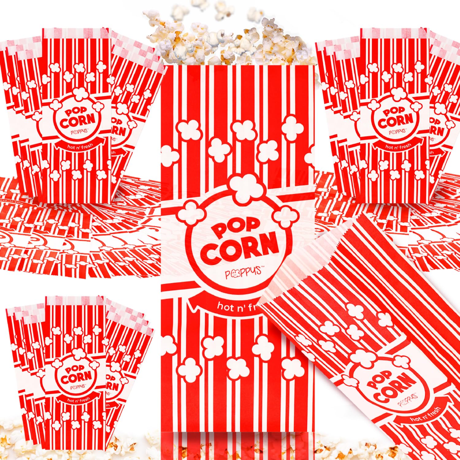 Poppy's Paper Popcorn Bags â 100 2 oz Concession-Grade Bags, Popcorn Machine Accessories for Popcorn Bars, Movie Nights, Concessions