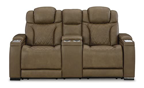 Signature Design by Ashley Strikefirst Contemporary Tufted Leather Power Reclining Loveseat with Console and Adjustable Headrest, Light Brown