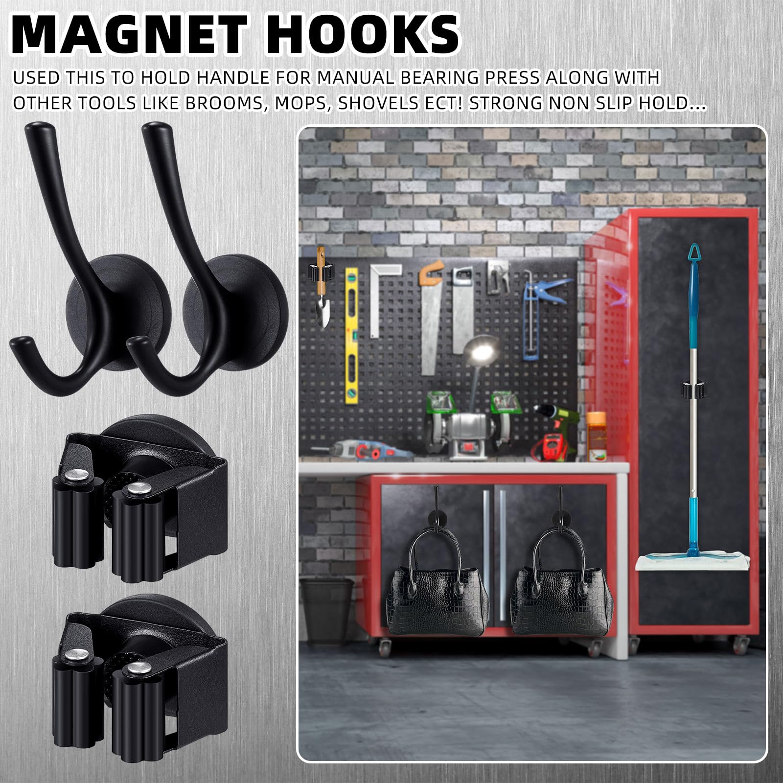 Vercraft 4 Pcs Magnetic Double Hooks Magnetic Coat Hooks Magnetic Mop Broom Holder Movable Magnetic Broom Holder Rack for Garage Kitchen Laundry Garden
