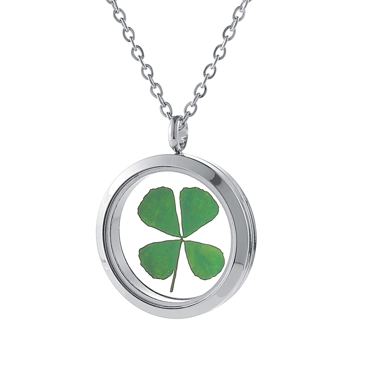 FM FM42 Silver-tone Dried Leaves Lucky 4-Leaf Clover Round Glass Stainless Steel Locket Pendant Necklace FN3059