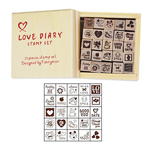 Wooden Rubber Stamps,Youkwer 25 Pcs Mini Cute DIY Diary Stamps Set with Wooden Box （25PCS，Love Diary）