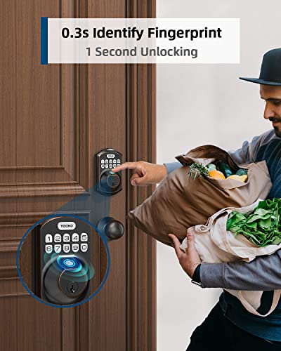 TEEHO TE002K Fingerprint Door Lock Set - Keyless Entry Door Lock with Handle - Door Knob with Keypad Deadbolt - Smart Locks for Front Door - Auto Lock - No Need App - Easy Installation - Bronze
