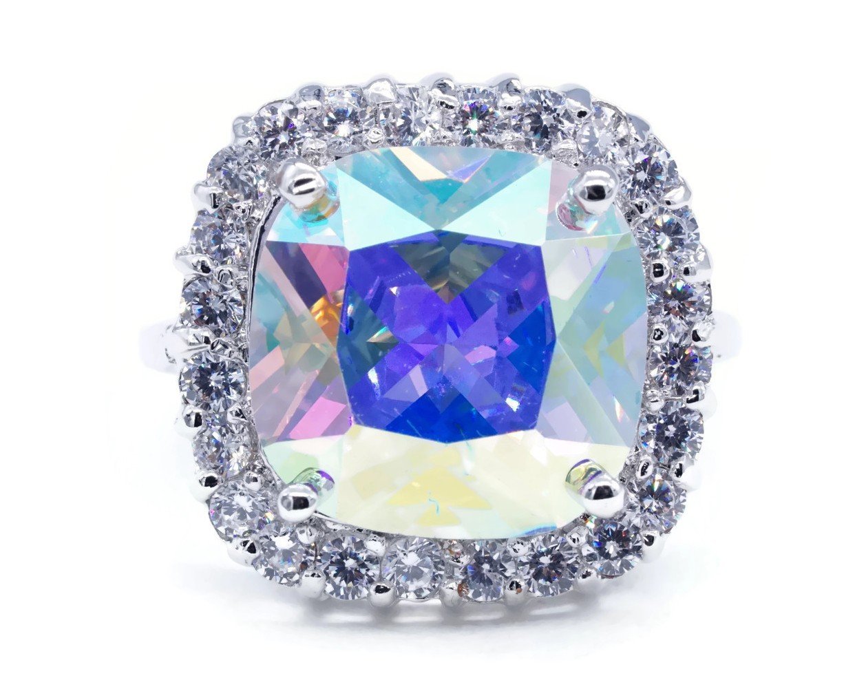 Glamour Rings Large Silvertone Statement Ring with Aurora Borealis Crystal and Small CZ Surround Stones Size 10