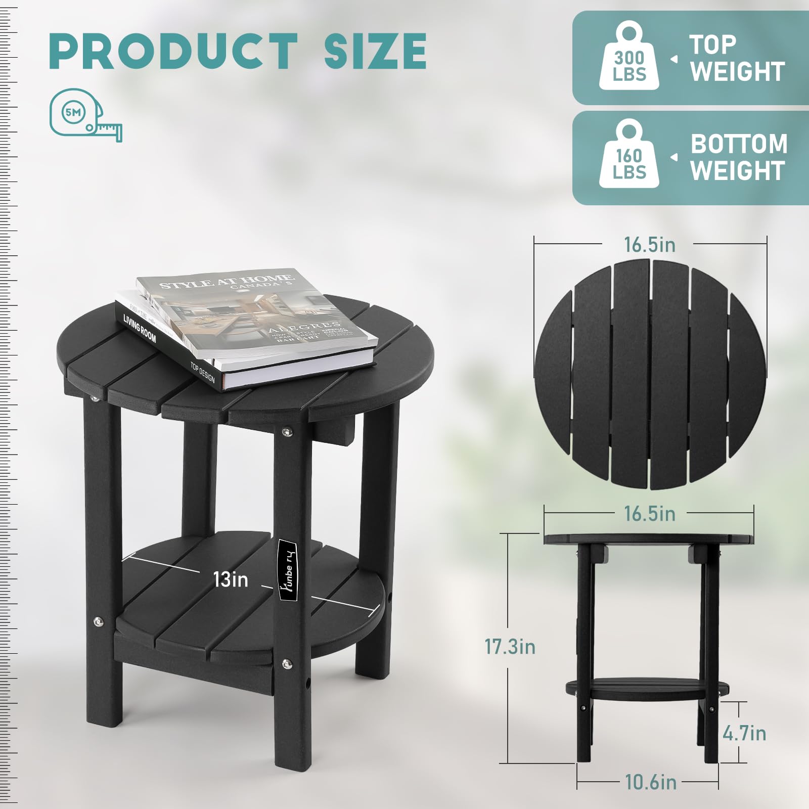 FUNBERRY Outdoor Side Table,Outdoor Side Tables for Patio,2-Tier Round Patio Side Table,Outdoor End Table,Porch Table,Outdoor Accent Table,Pool Side Table,Adirondack Side Table