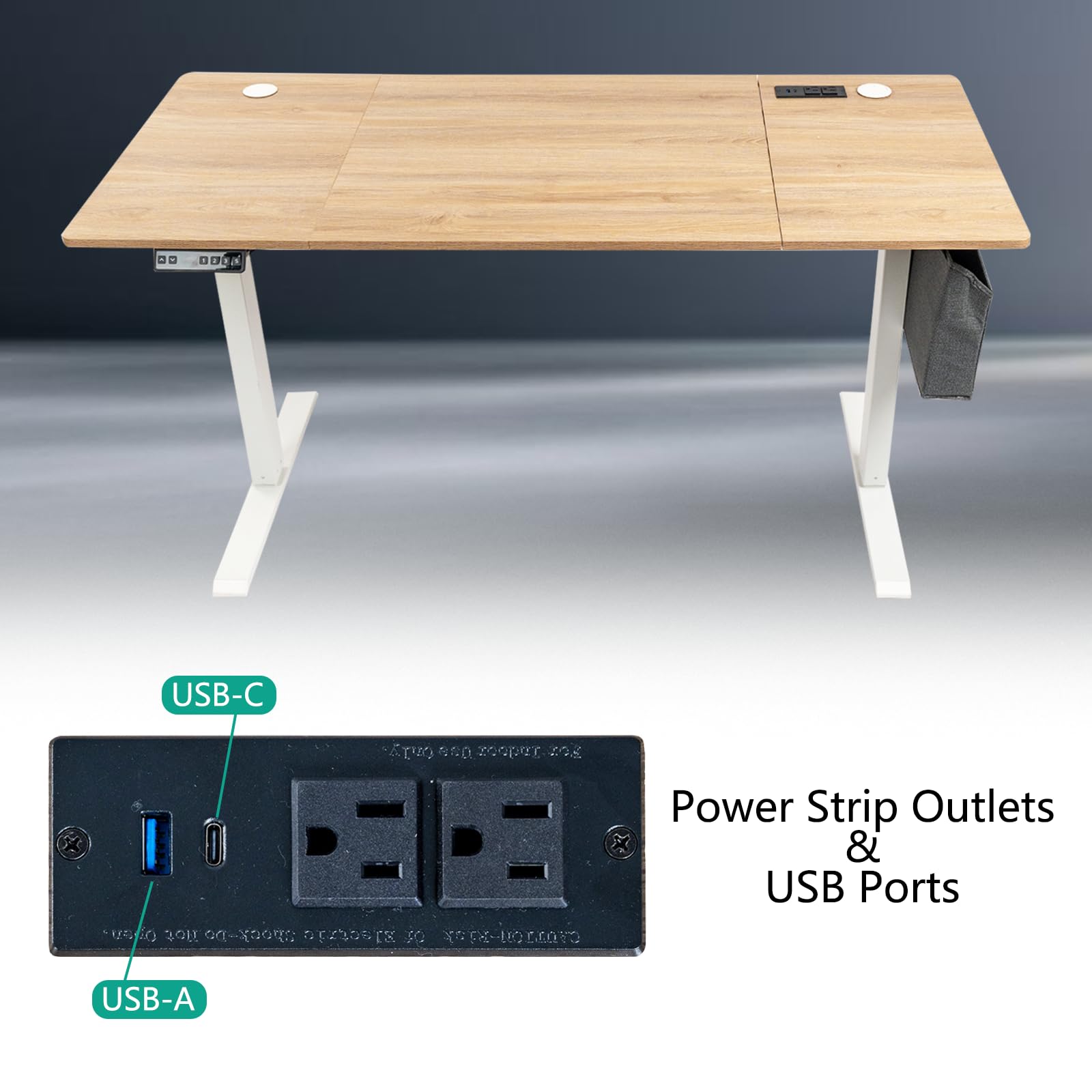 PORIYA 55x24 Inch Electric Height Adjustable Standing Desk with Cable Management, Splice Board, Mouse Pad, 2-Outlet Power Strip with USB 20W Charger, and Casters(White Frame&Log Top)