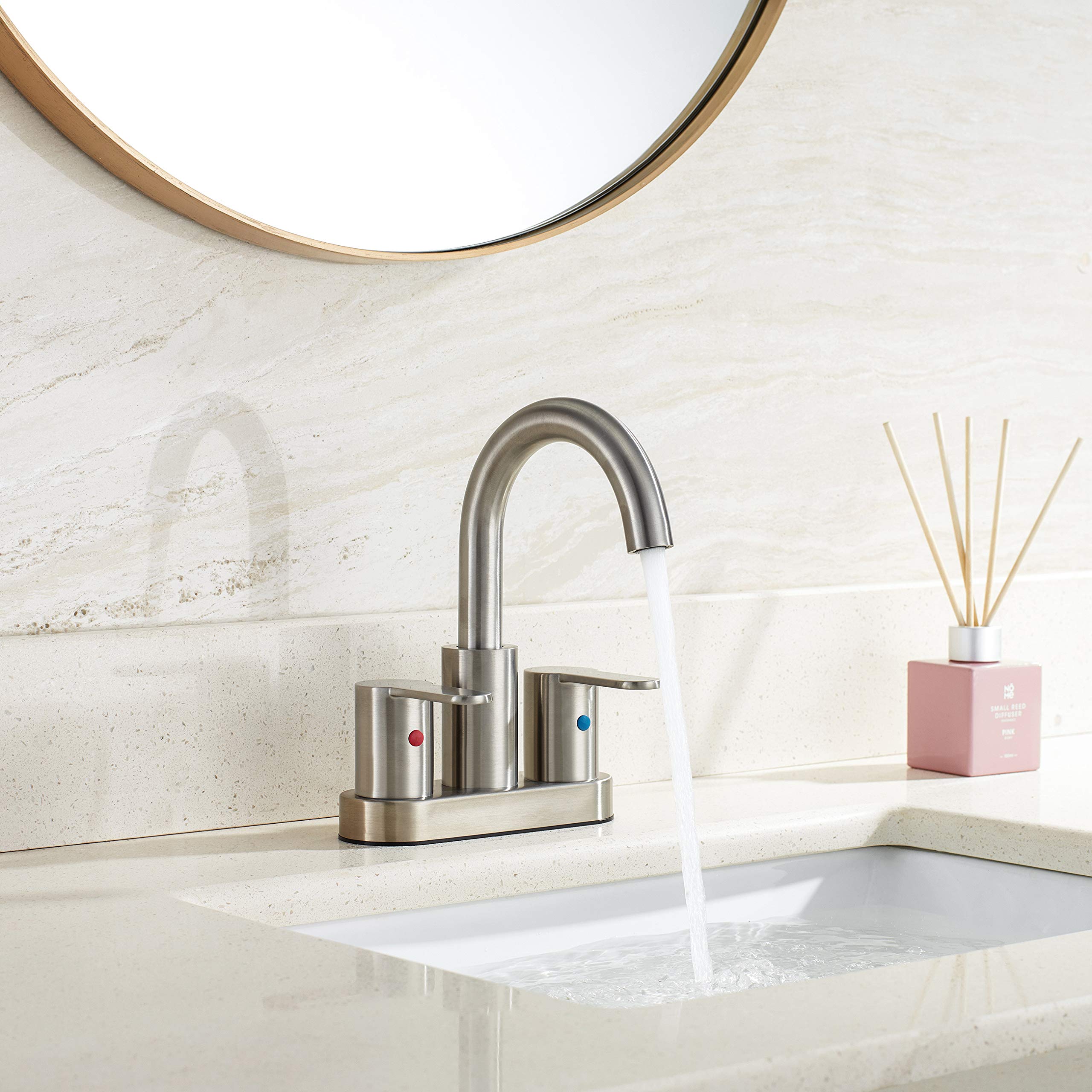 TimeArrow 2 Handle Centerset Bathroom Sink Faucet Brushed Nickel with Drain Assembly, High Arc Modern 4 Inch Bathroom Vanity Lavatory Faucet 3 Holes with Brass 360° Swivel Spout, TAF067E-BN
