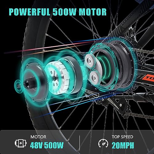 Totem Volcano Electric Bike for Adults 27.5β, 500W Powerful Motor, Ebike 48V 11.6Ah Removable Integrated Lithium Battery, Shimano 21-Speed, Mechanical Locking Suspension Fork-Blue