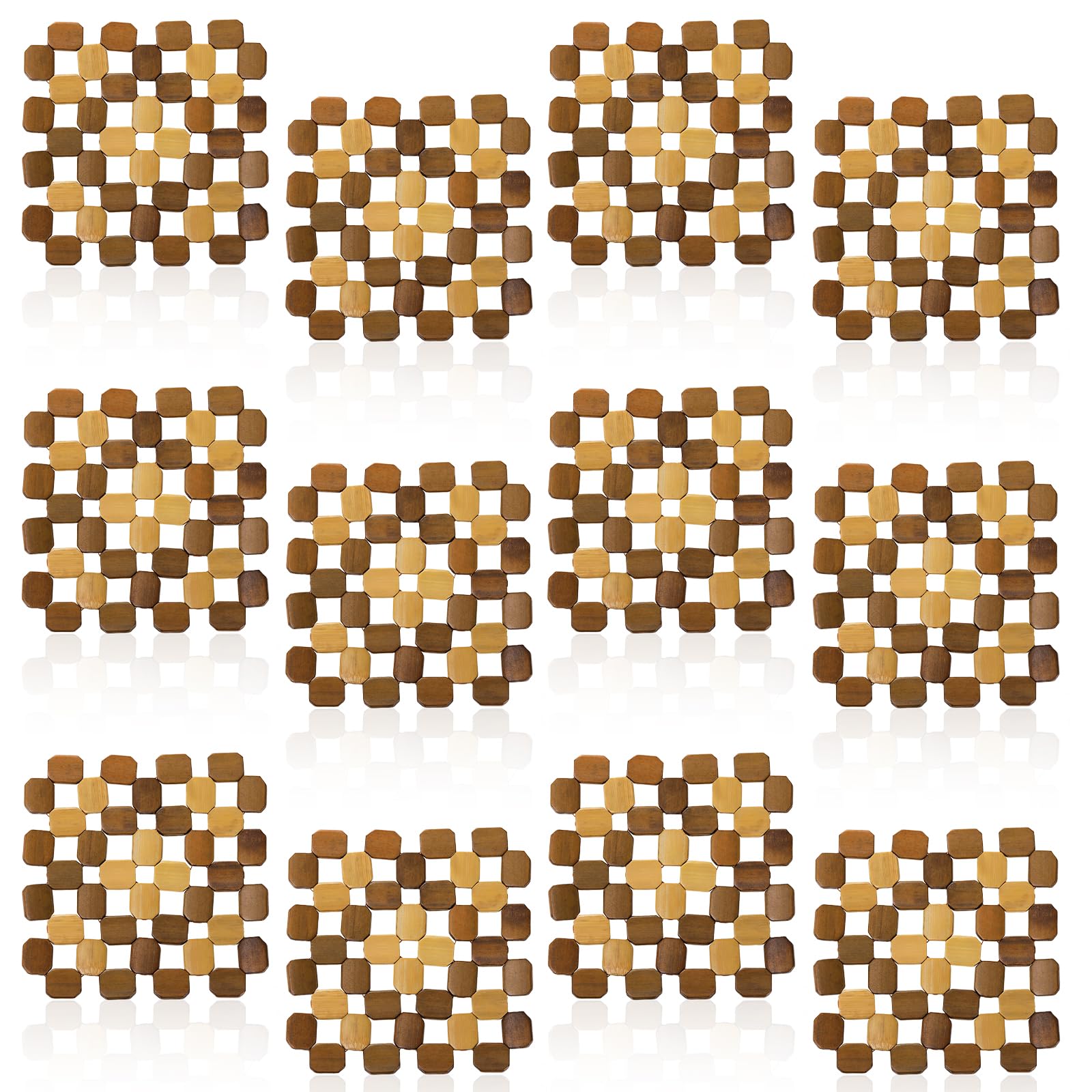 Tlence 12 Pack Bamboo Trivet Mat for Hot Dishes, 6.3'' Heat Resistant Kitchen Hot Pads, Wooden Table Counter Protector Set, Bamboo Coasters for Teapot Hot Dishes Pans, Table Décor Kitchen Gifts Idea