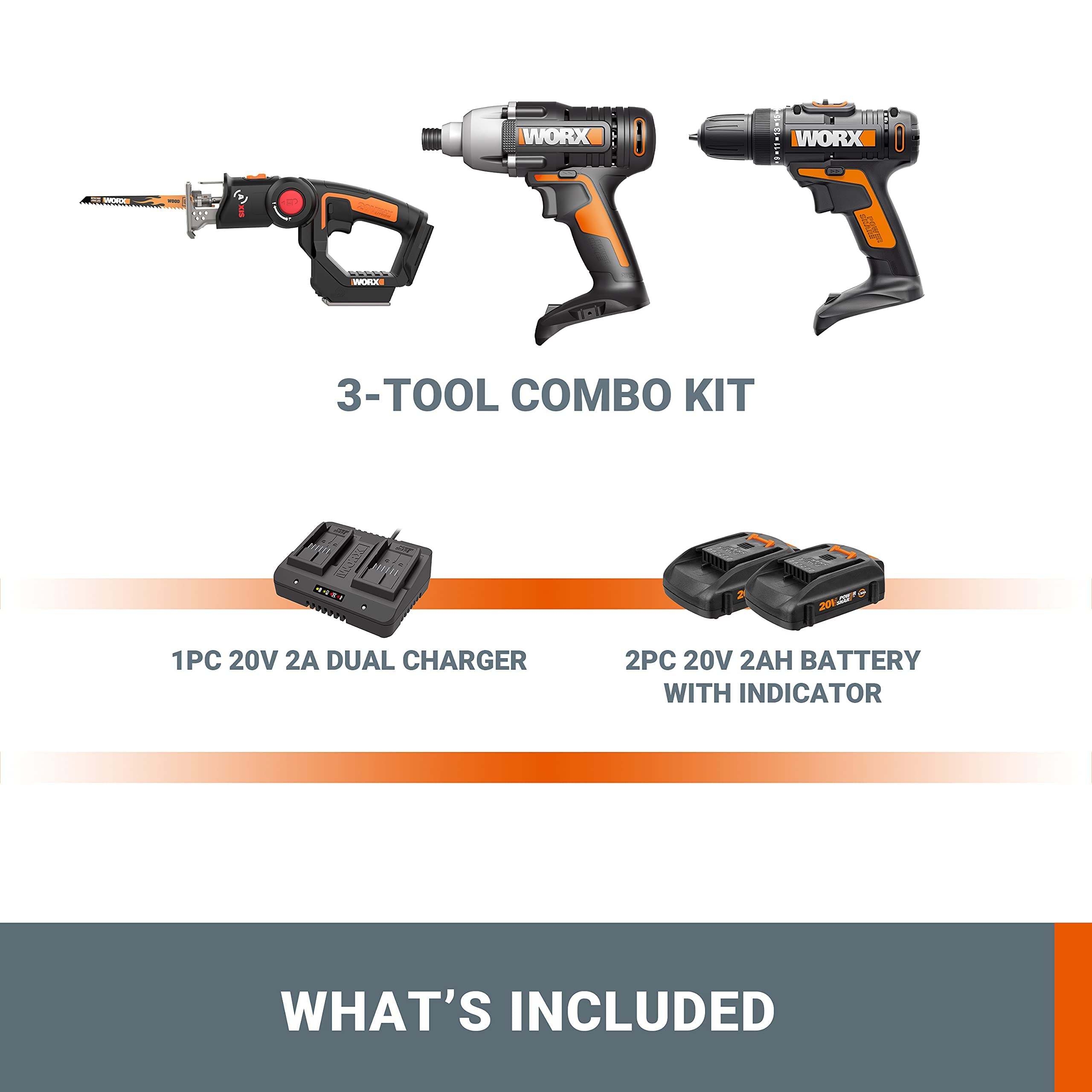 WORX 20V Cordless Drill Driver,Impact Driver and Reciprocating Saw,WX911L Power Tool Combo Kit ,2 * 2.0Ah Batteries & Charger Included