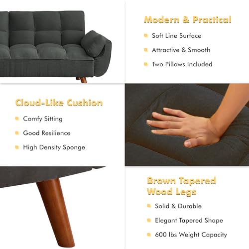 Wonder Comfort Linen Futon Sofa Bed Loveseat, Adjustable Backrest Convertible Sleeper Reclining Couch with Tapered Wood Legs, Dark Gray