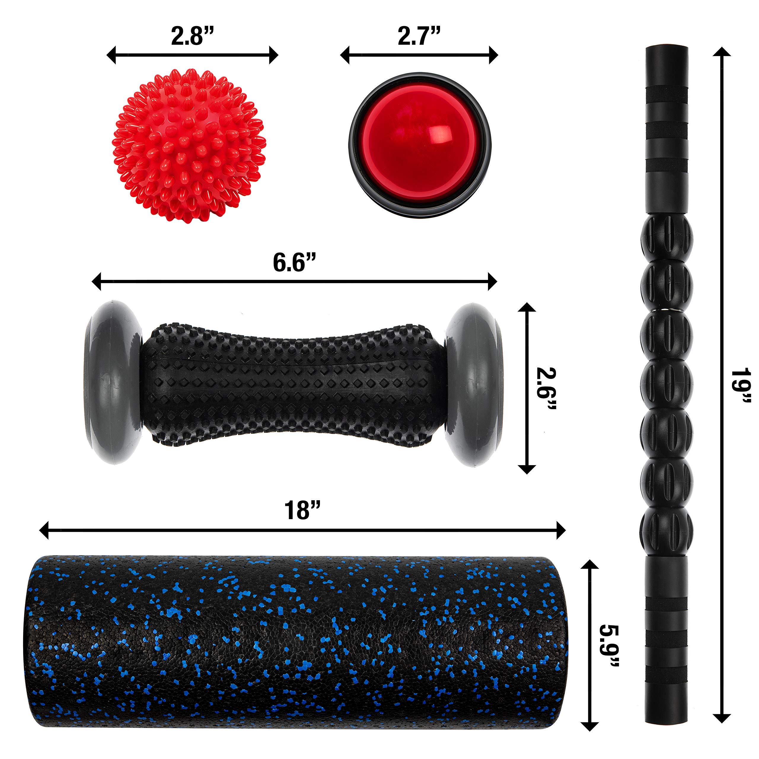 Foam Roller Set 18" Foam Back Roller, 18" Massage Stick, Foot Roller, Spiky Massage Ball, Massage Roller Ball, for Pain Tightness Plantar Fasciitis Relief Deep Tissue Massage Home Gym Muscle Roller