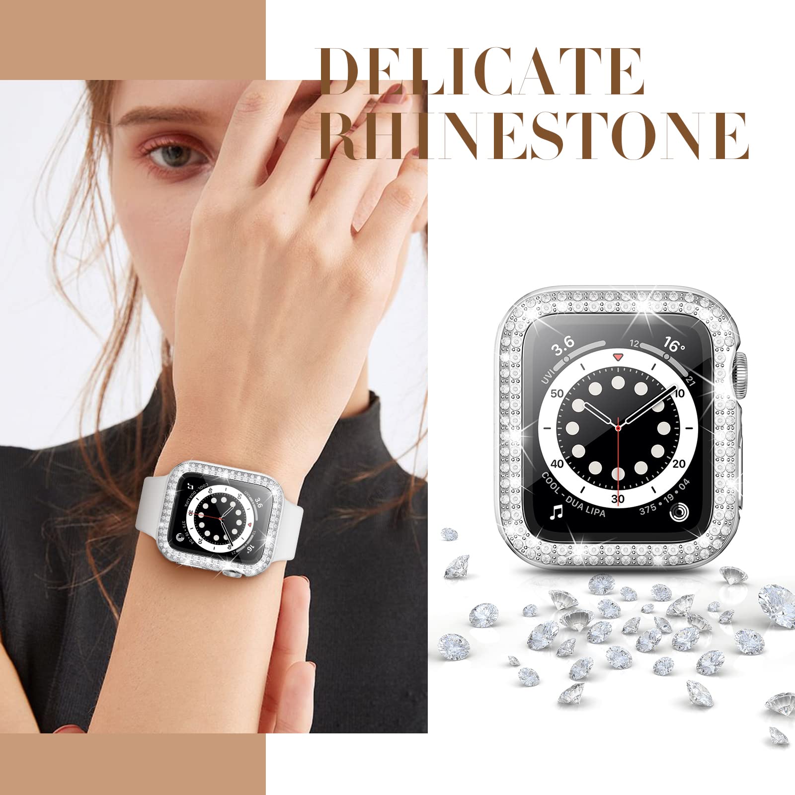 Goton Screen Protector Bling Case Compatible for 44mm SE Series 6 5 4 with Hard PC Tempered Glass Diamond Protective Full Face Cover Case Accessories for iWatch Girl Women