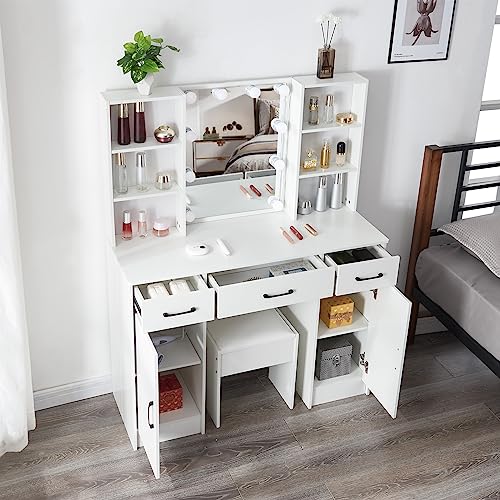 Xinhonglei Large Vanity Set with LED Lights, Vanity Desk with Mirror and Lights, Makeup Vanity Dressing Table with Drawewrs, Cabinet and Cushioned Stool for Bedroom, White