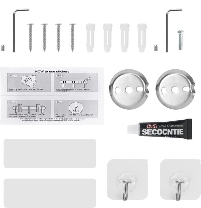 Towel Bar Replace Parts - 4 Screw +4 Anchors + 2 Base Plate +Hexagonal Wrench +Glue for Wall Mount Towel Bar Replacement