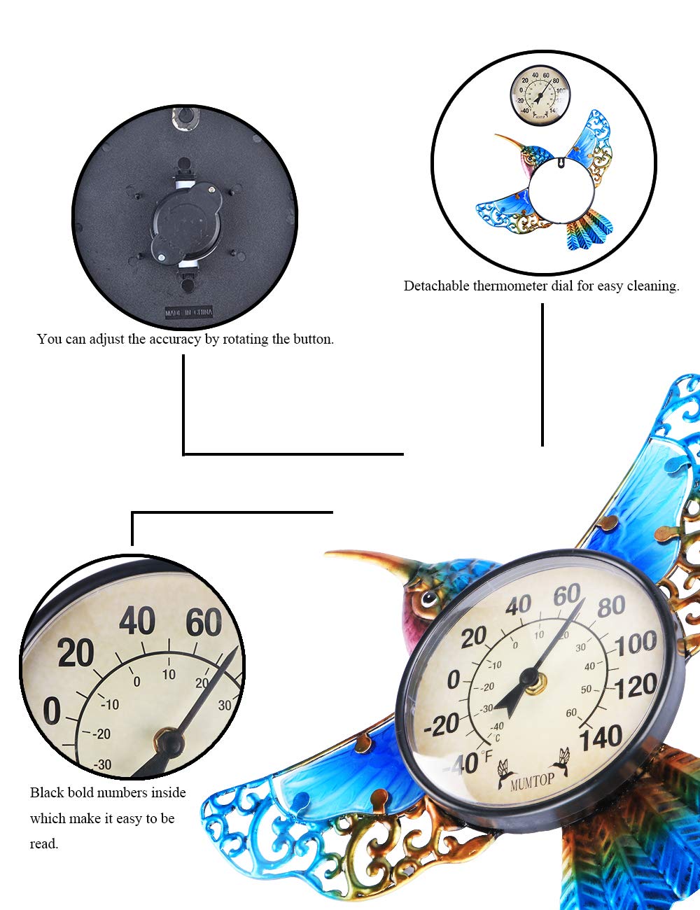 MUMTOP Indoor Outdoor Thermometer Hummingbird Waterproof Wall-Mounted Thermometer Exquisite Decoration Does not Require Any Battery