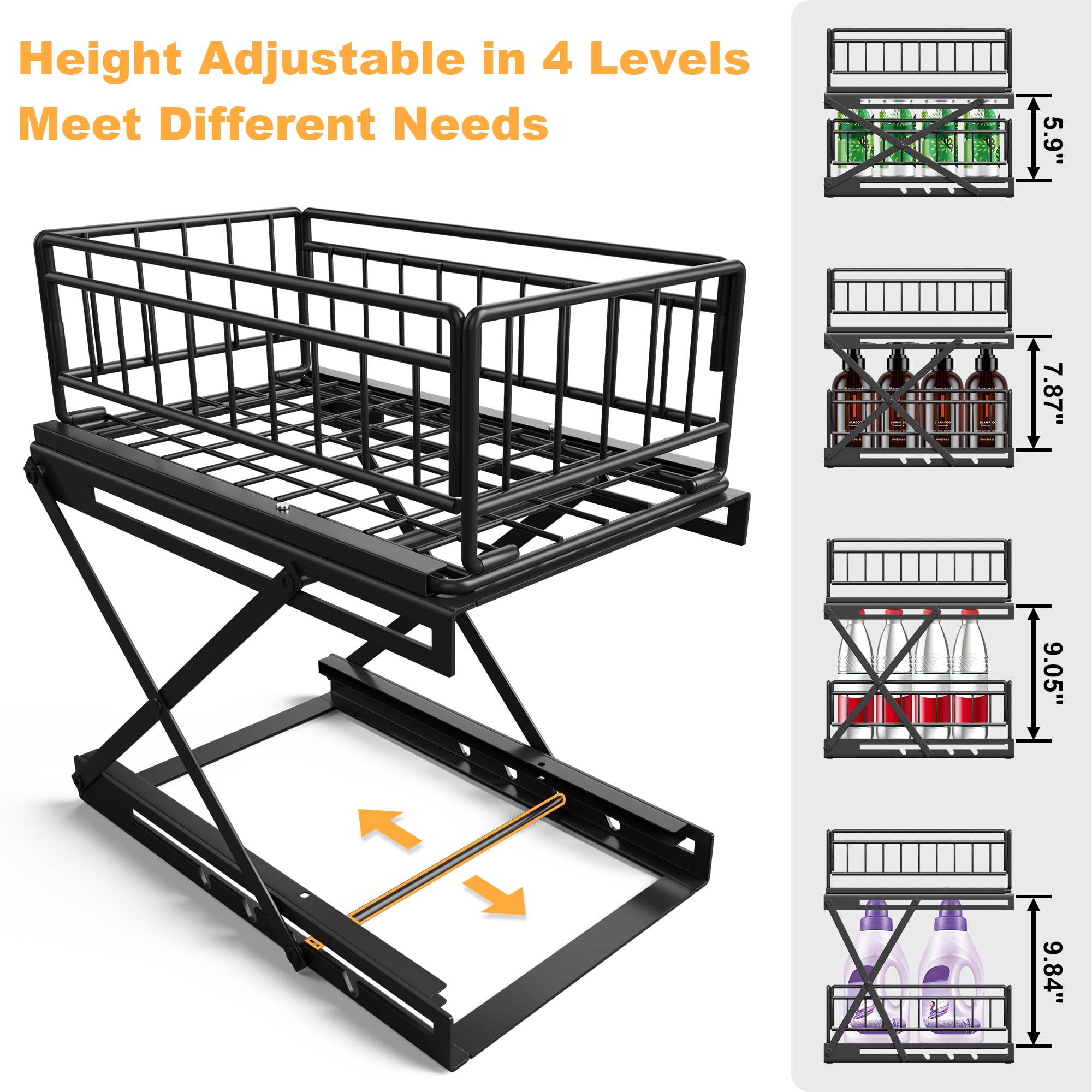 Under Bathroom Sink Organizer, 2-Tier Under The Sink Organizer and Storage Adjustable Pull Out Organization Basket, Sliding Drawer Shelf with Hooks for Kitchen Bathroom Cabinet, 2 Pack