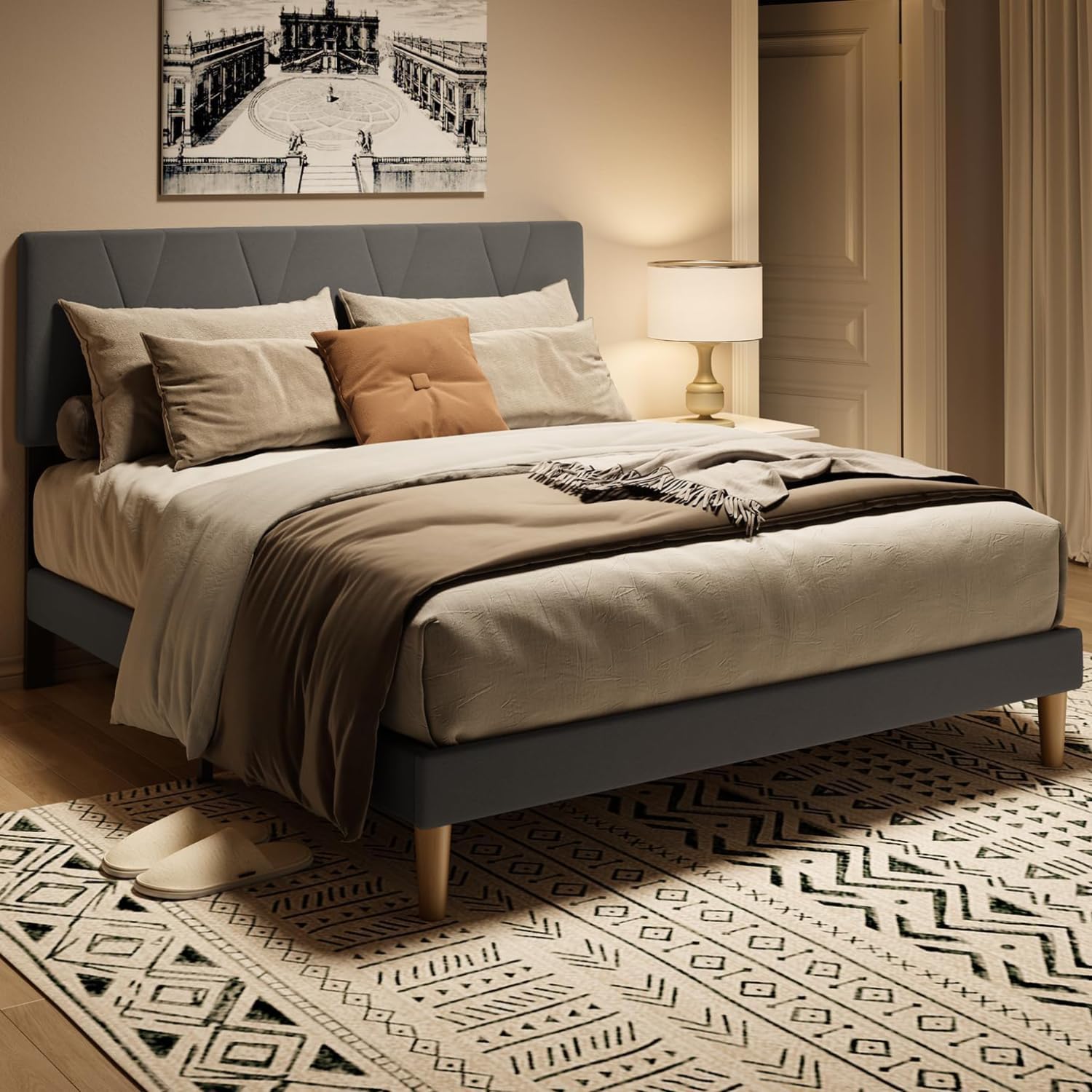 Gizoon Queen Bed Frame with Adjustable Velvet Headboard, Upholstered Platform Bed Frame with Sturdy Metal Frame, Wooden Slats, Noise-Free, No Box Spring Needed (Dark Grey, Queen)