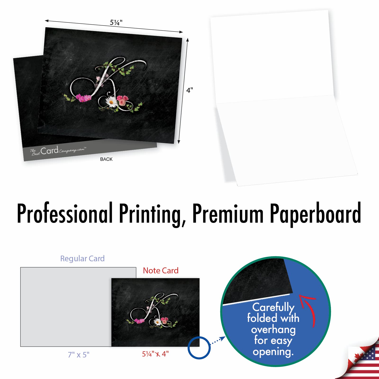 The Best Card Company - 10 Initial Letter K Assorted Blank Notecards, Floral Monogramed Personal Stationery w/Envelopes Bulk Box Set 4 x 5.12 Inch Thank You Notes - K Chalk and Roses M3795OCB-B1x10