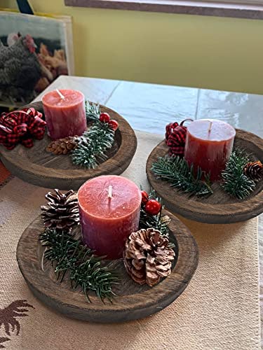 Vixdonos Rustic Wooden Tray Farmhouse Decorative Plate Round Pillar Candle Holder Tray for Table Centerpiece