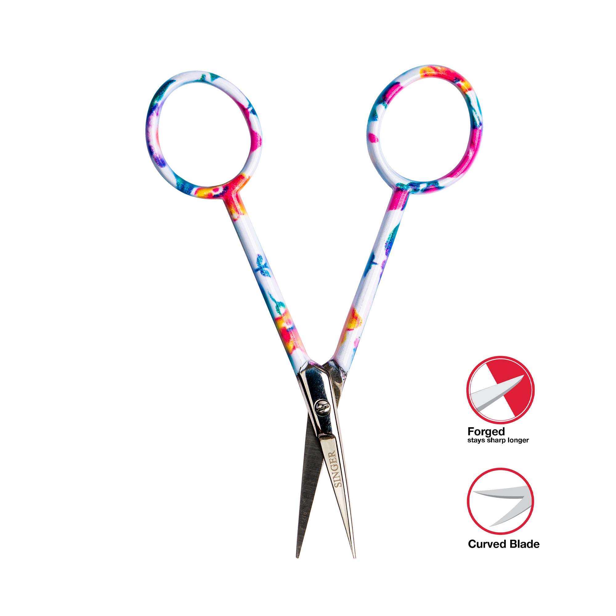 SINGER 4 Inch Forged Embroidery Scissors with Curved Tip for Sewing, Cross-Stitching, Crafts, & More (White Floral & Pastel Print, 2-Pack)