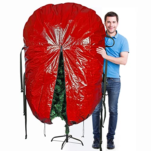 ProPik Upright Christmas Tree Storage Bag - Fits 7.5 Ft. Xmas Tree - Heavy Duty Polyethylene, Waterproof Bag for Christmas Tree Storage - Reusable, Adjustable, Zipper Closure, Ergonomic Handles for Transportation (7.5ft, Red)