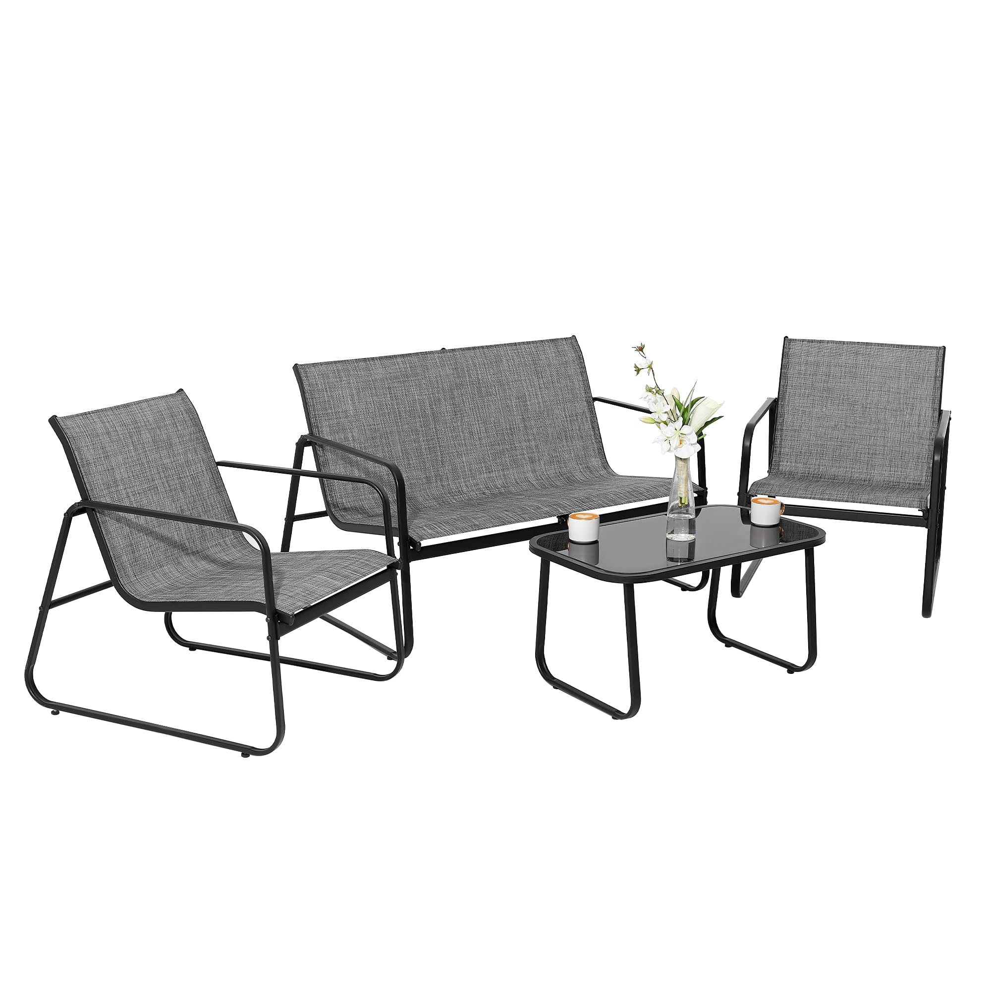 PIZZELLO 4 Pieces Outdoor Patio Furniture Textilene Modern Conversation Bistro Set with Loveseat Tea Table for Home, Lawn and Balcony