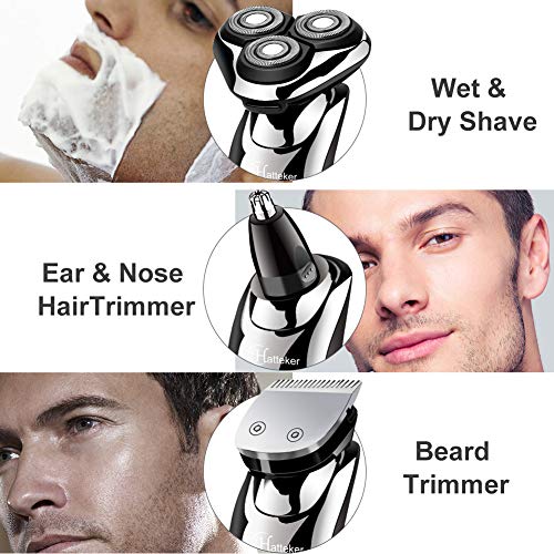 HATTEKER Mens Electric Shaver Razor Beard Trimmer Rotary Shaver Cordless Sideburn Trimmer Nose Trimmer Wet Dry Shaver Waterproof USB Rechargeable 3 in 1