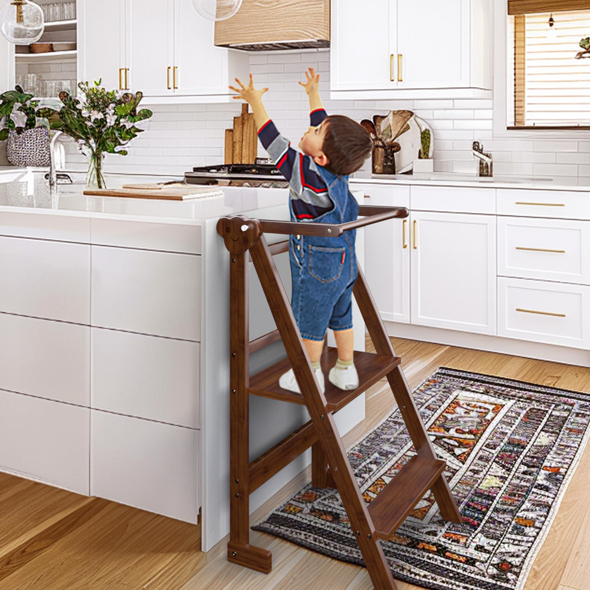 TOETOL Step Stool Foldable Toddler Tower, Bamboo 2 Step Stool for Kitchen, Living Room, Bathroom