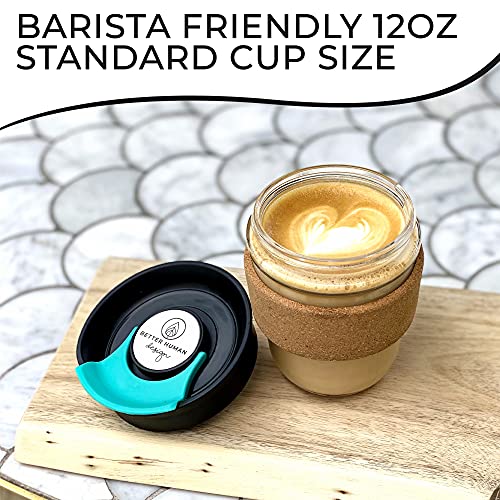 Reusable Glass Cup + Stainless steel Tea Infuser & Twist on Lid - Microwavable Travel Coffee Mug - Cork Sleeve - 18oz Portable Cold Brew maker - Loose Leaf Diffuser + Brewing Tumbler togo