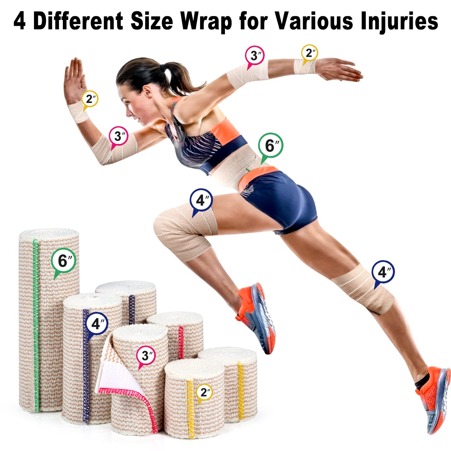 FRESINIDER Premium Elastic Bandage Wrap, 6 pack (2x2", 2x4", 2x6") Cotton Compression Bandage with Touch Closure at Both Ends, Support & First Aid, Medical, and Injury Recovery