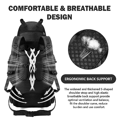 Unineovo 90L Large Capacity Outdoor Backpack for Women Men, Rainproof Camping Backpack with Rain Cover for Hiking, Camping and Traveling,Frameless (Black)
