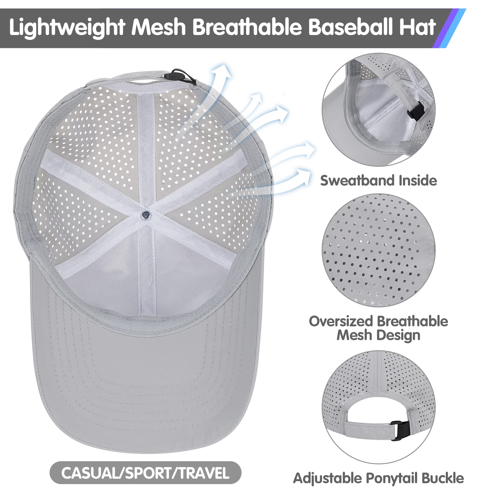 Komorebi Womens Baseball Cap High Ponytail Hat Quick Drying Mesh Trucker Hat Unisex Adjustable Running Hats Dad Hat Light Grey Medium