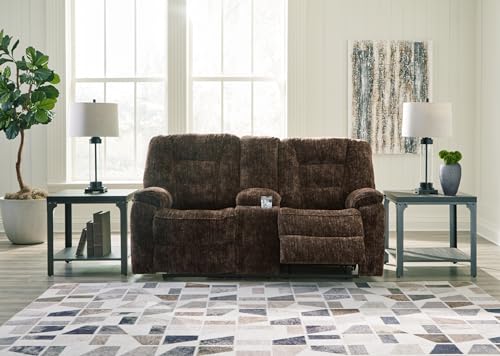 Signature Design by Ashley Soundwave Contemporary Manual Reclining Loveseat with Console and Cup Holders, Dark Brown