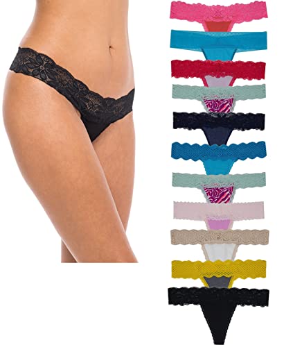Womens Cotton Thong Underwear Pack - Sexy Lace Breathable Soft Stretch T-Back Hollow Out Bikini Panties X-Large