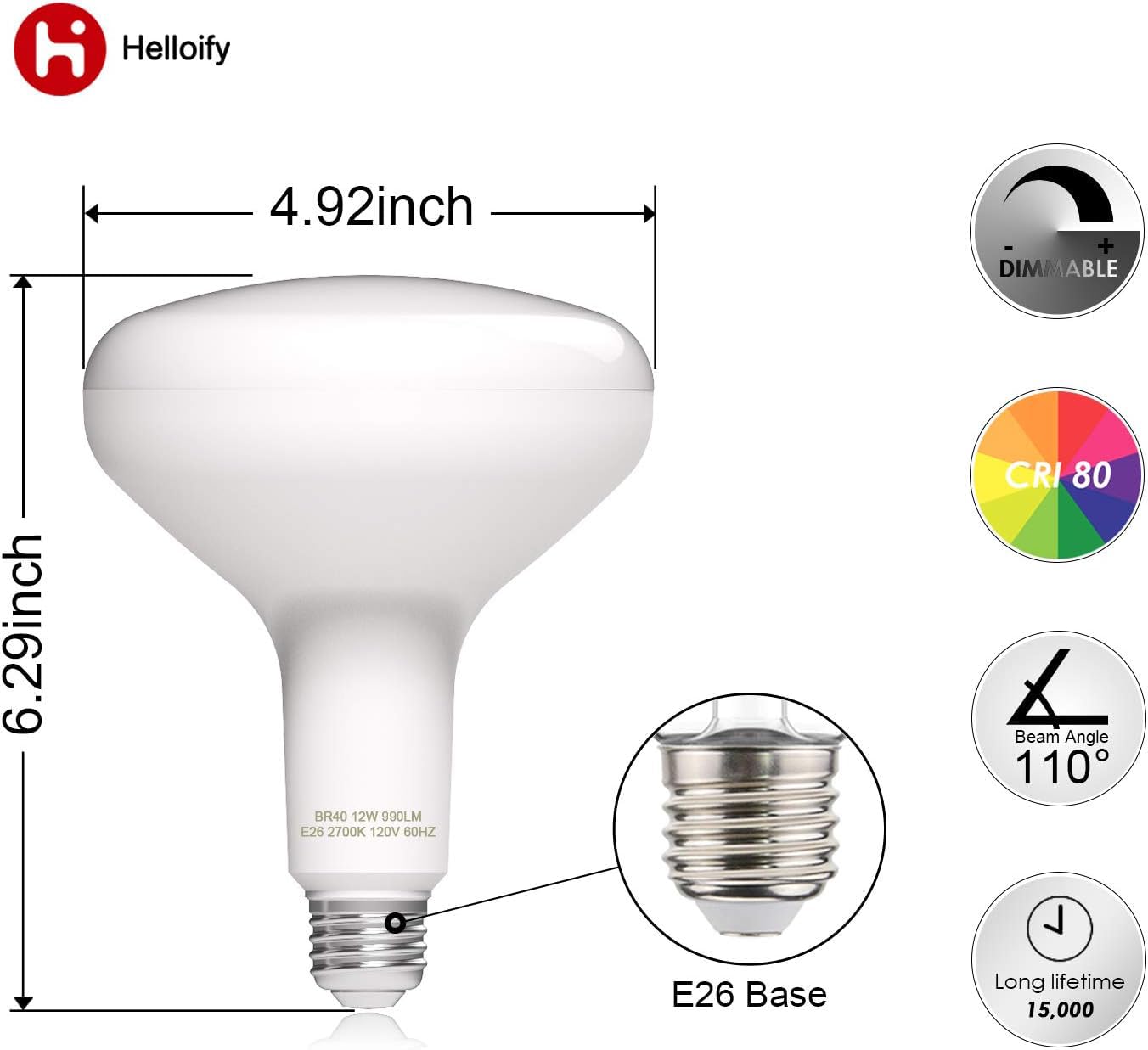 helloify Dimmable BR40 LED Flood Light Bulb 12W, 75W Equivalent, 2700K Soft White Light, Energy Saving Lamp for Office/Home, E26 Screw Base, 6PCS
