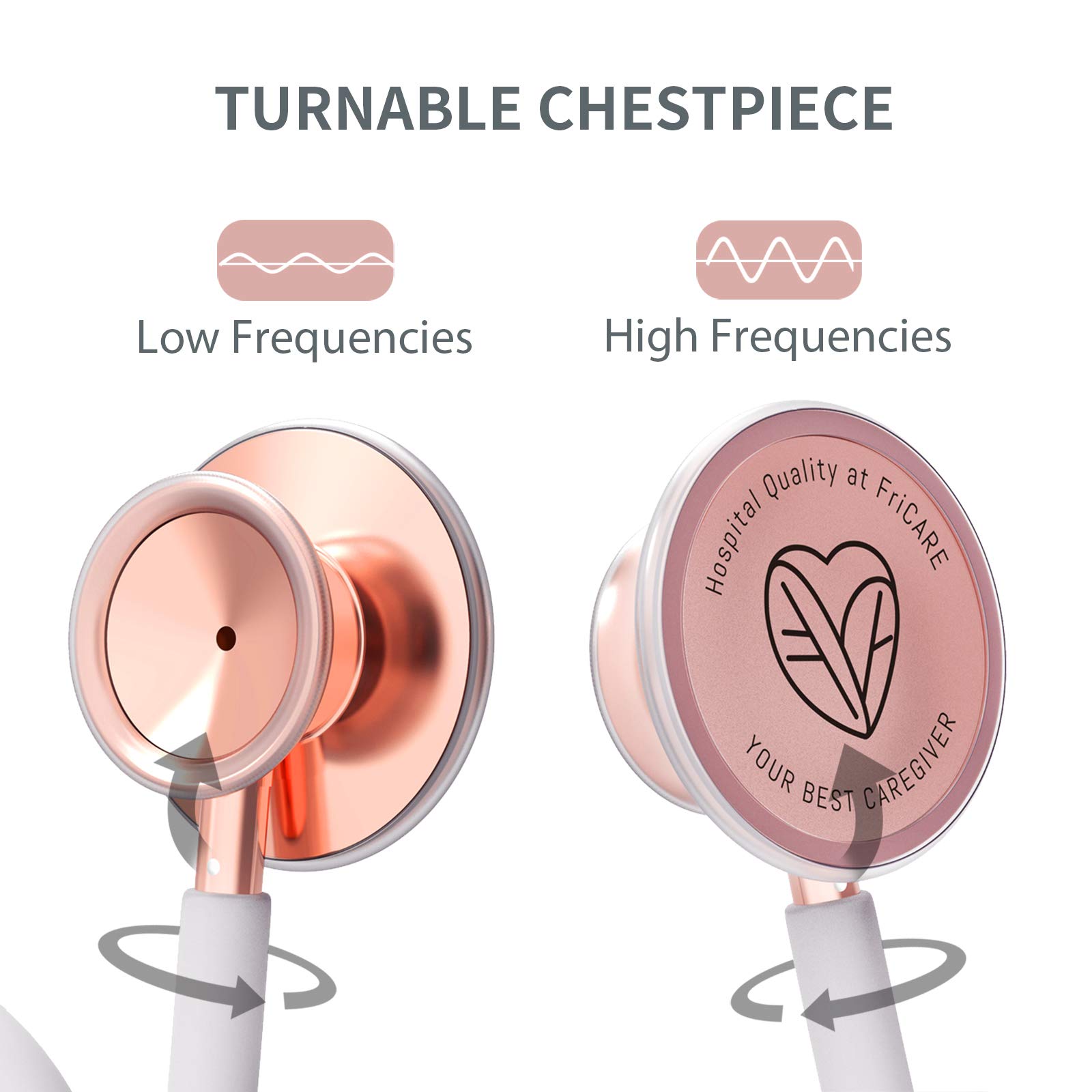 FriCARE Rose Gold Stethoscope - Gorgeous Stethoscopes for Nurses, RN, Nursing School Students - Dual Head Estetoscopio for Professionals, StethoMedic Essentials, Nurses Day Gift, White Tubing, 29 inch