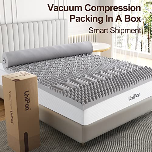 UniPon 3 Inch Egg Crate Memory Foam Mattress Topper, Charcoal Infused Mattress Topper, 7 Zones Foam Bed Topper, CertiPUR-US Certified (Queen)