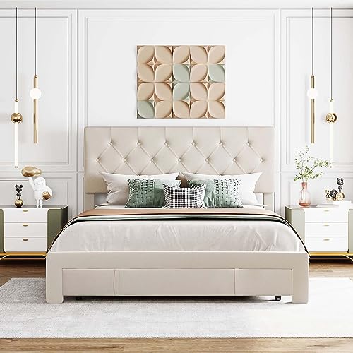 Queen Size Velvet Upholstered Platform Bed Frame with Headboard & Storage Drawer, Platform Bed with Sturdy Wooden Slats Support, No Box Spring Needed for Bedroom Small living Space (Beige, Queen)