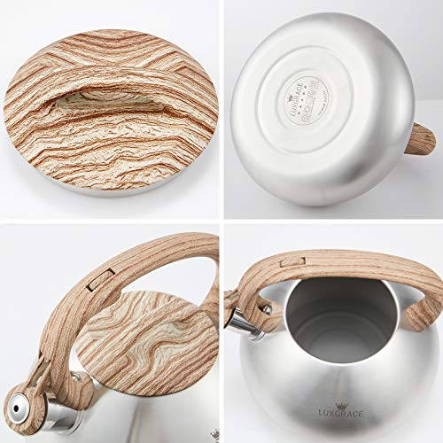 Teapot Whistling Tea Kettle with Wood Pattern Handle Loud Whistle,Food Grade Stainless Steel Tea Pot for Stovetops Water Kettle(Silver-RW)