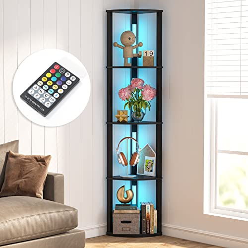 Tribesigns Corner Display Shelf with 6 Color Lights, Corner Bookshelf Bookcase with LED Lighting, Dimmable Standing Floor Lamp Curio Shelving Unit for Living Room Bedroom Home Office Decor