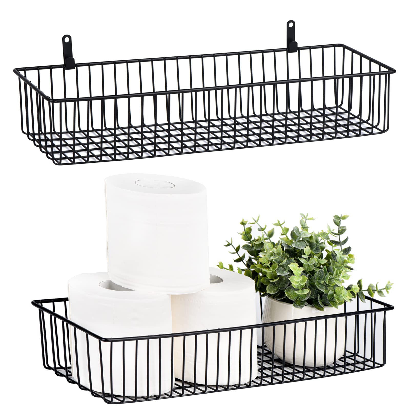 Wetheny Farmhouse Decor Metal Wire Organizer Storage Basket (2 Pack)-Toilet Paper Storage-Organization and Storage for Bedroom, Bathroom, Kitchen Cabinets, Pantry, Laundry Room, Closets (Black)