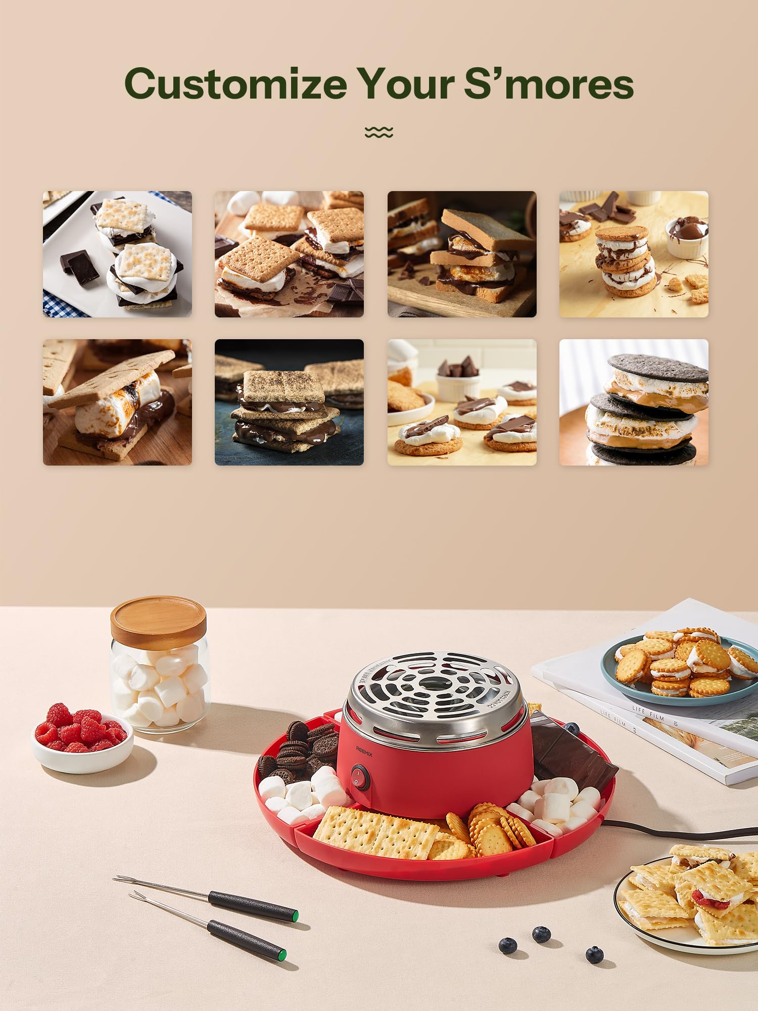S'mores Maker Tabletop Indoor, Reemix Flameless Electric Marshmallow Roaster with 4 Detachable Trays & 6 Roasting Forks, Date Night Fun Kids Family Activity, Red